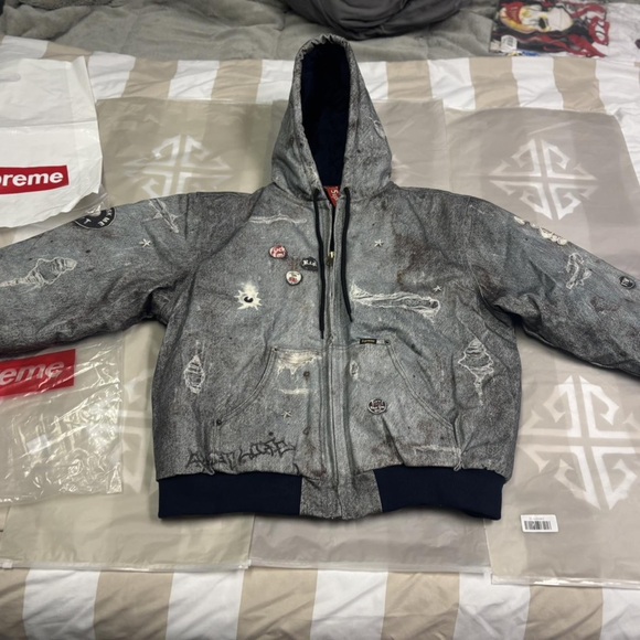 Supreme | Jackets & Coats | Supreme Gray Hooded Denim Jacket With ...